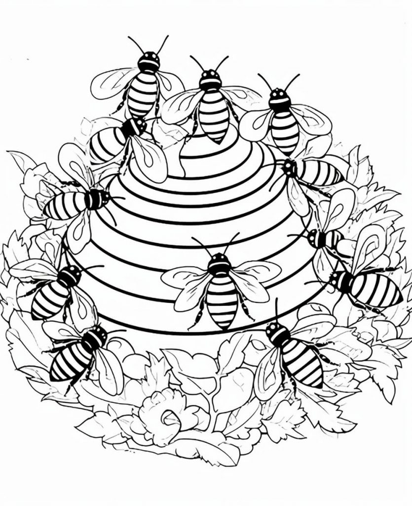 Bee hive Colouring Sheet (Free + Printable) | Kokoprint.com